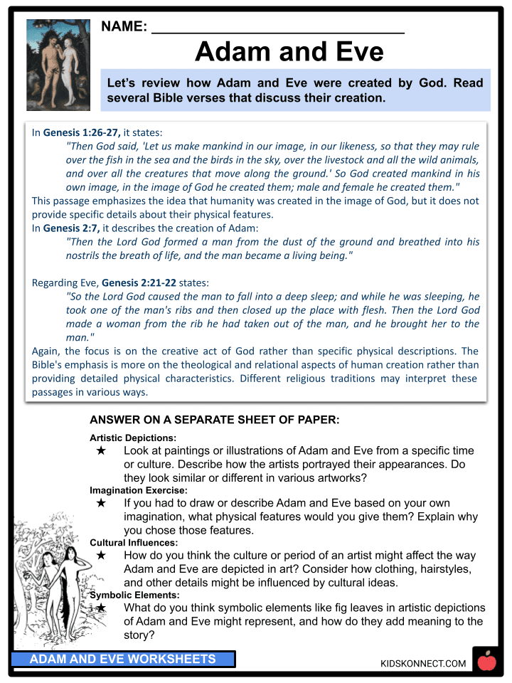 Adam and Eve Worksheets | Creation, Family, Life, Symbolism